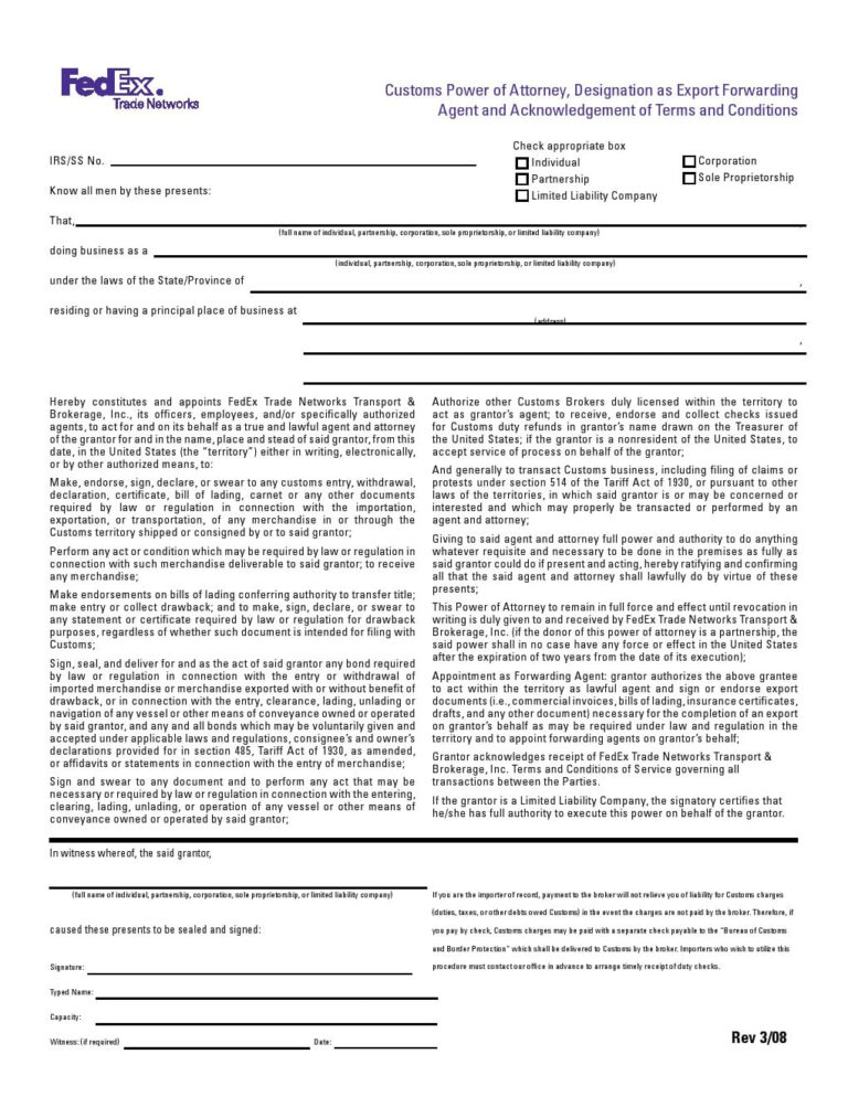 Customs Power Of Attorney Form - Power Of Attorney Forms