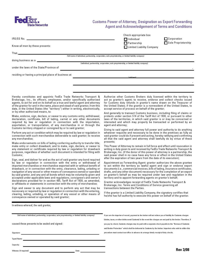 Customs Power Of Attorney Form - Power Of Attorney Forms