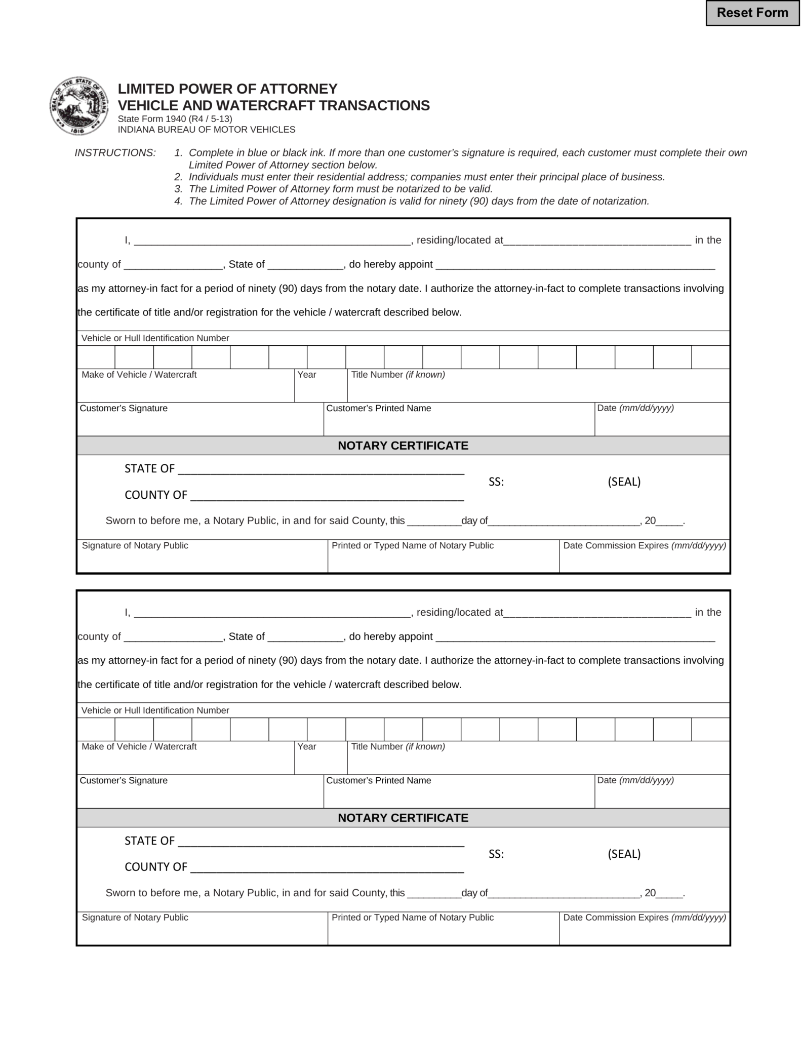 Free Indiana Motor Vehicle Power Of Attorney Form 01940 - Power Of ...