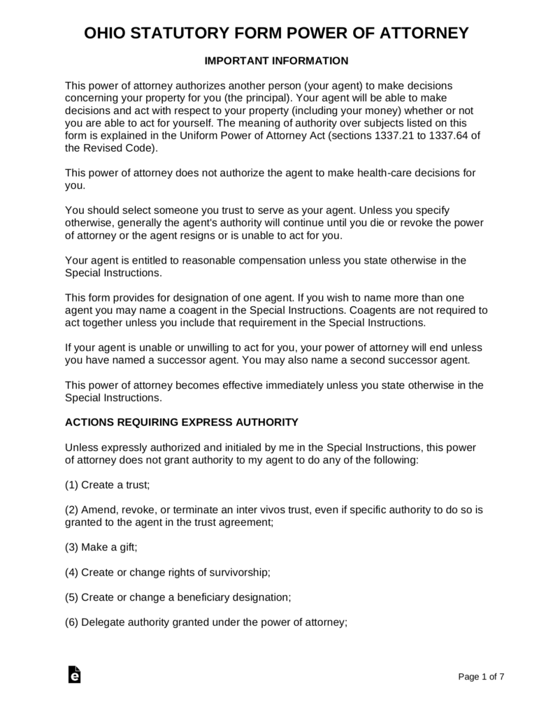 Free Ohio Power Of Attorney Forms Word PDF EForms - Power Of Attorney Forms