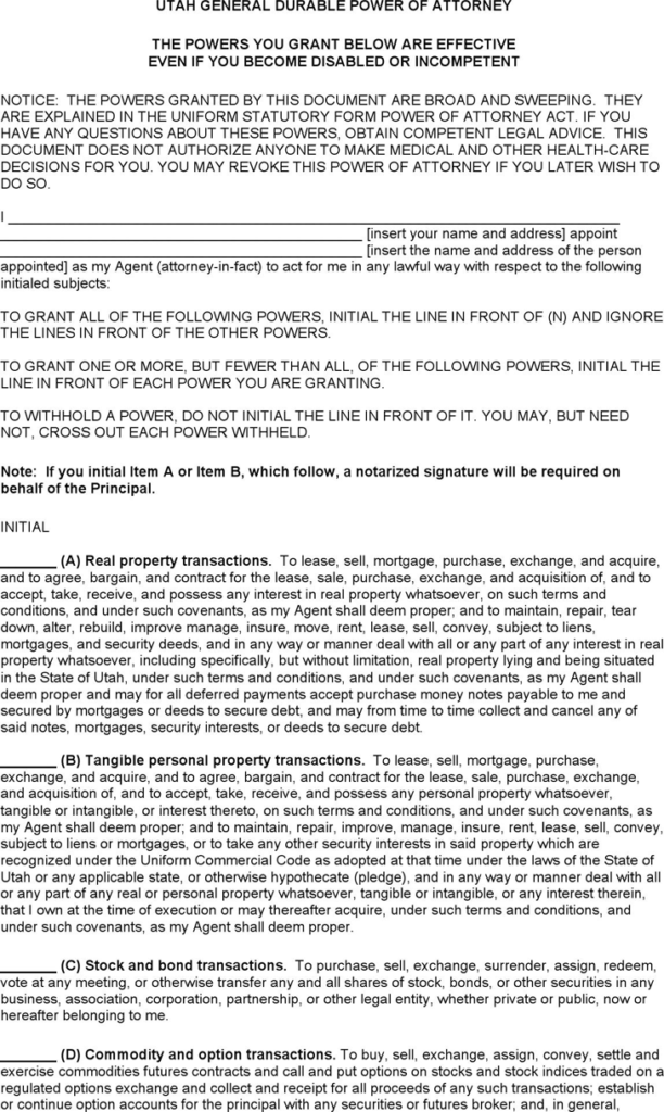 Free Utah General Durable Power Of Attorney Form Docx - Power Of ...