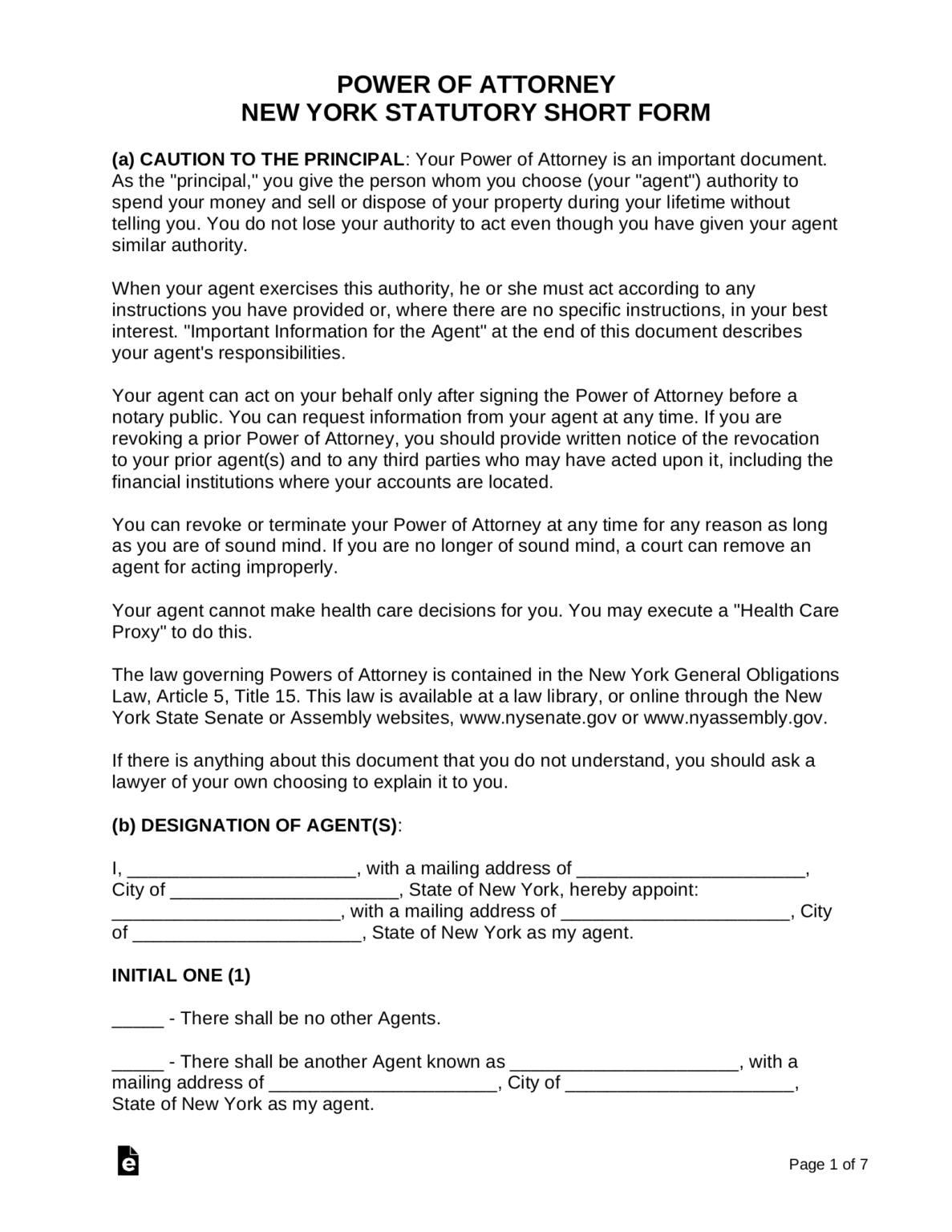 Nys Power Of Attorney Short Form - Power Of Attorney Forms