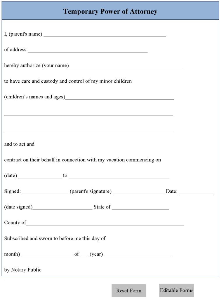 Temporary Power Of Attorney Form Editable Forms - Power Of Attorney Forms
